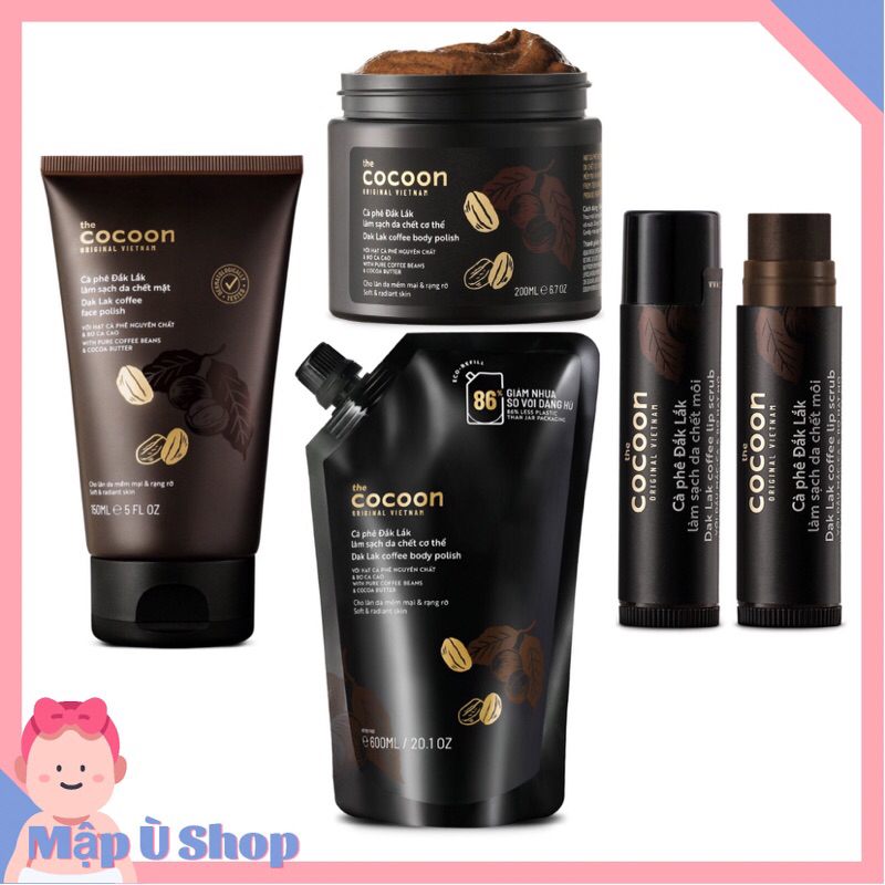 Tẩy tế bào chết cà phê Cocoon cho môi 5g / tuýp mặt 150ml / hủ body ...