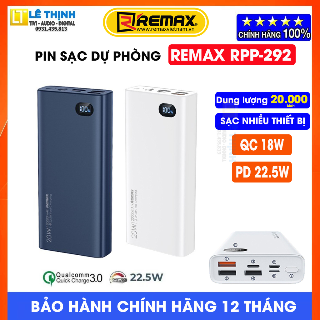 Pin dự phòng sạc nhanh Remax RPP-292 dung lượng 20000mAh QC 22.5W và PD 20W - tích hợp 4 cổng ra ...
