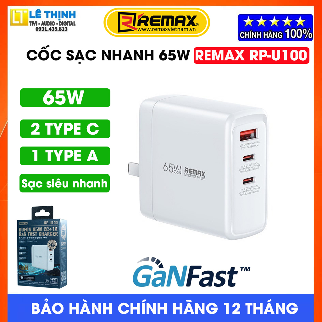 Cốc sạc Nhanh 3 Cổng GaN 65W Remax RP-U100,Củ sạc nhanh Remax RP-U100, 2 cổng Type C , 1 cổng ...