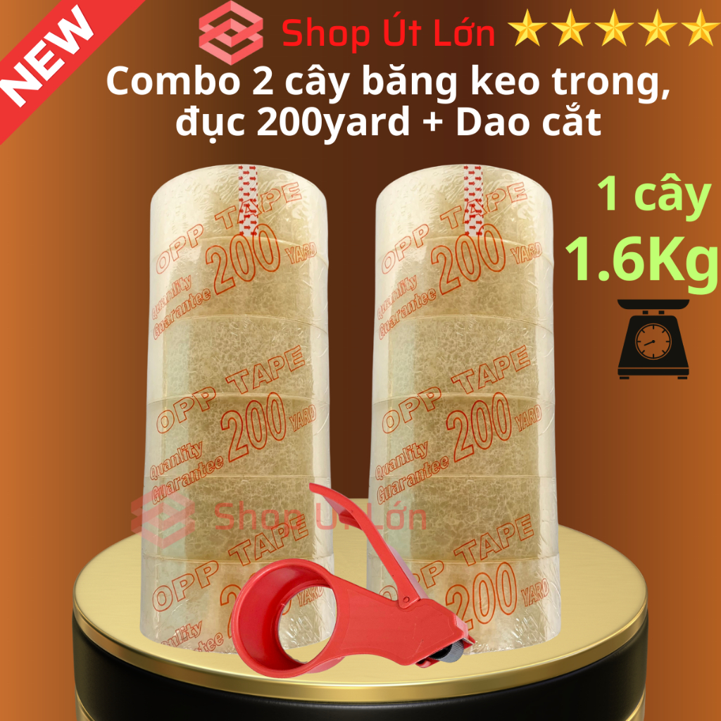 Combo 2 cây băng keo trong, đục 200yard kèm dao cắt băng keo, 1 cây nặng 1.6Kg lõi giấy 5mm ...