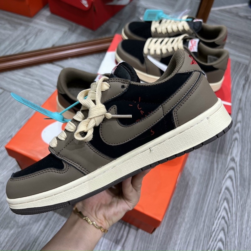 giày Jordan travis scott nâu đen thấp cổ, giày JD 1 travis nâu đế kem ...