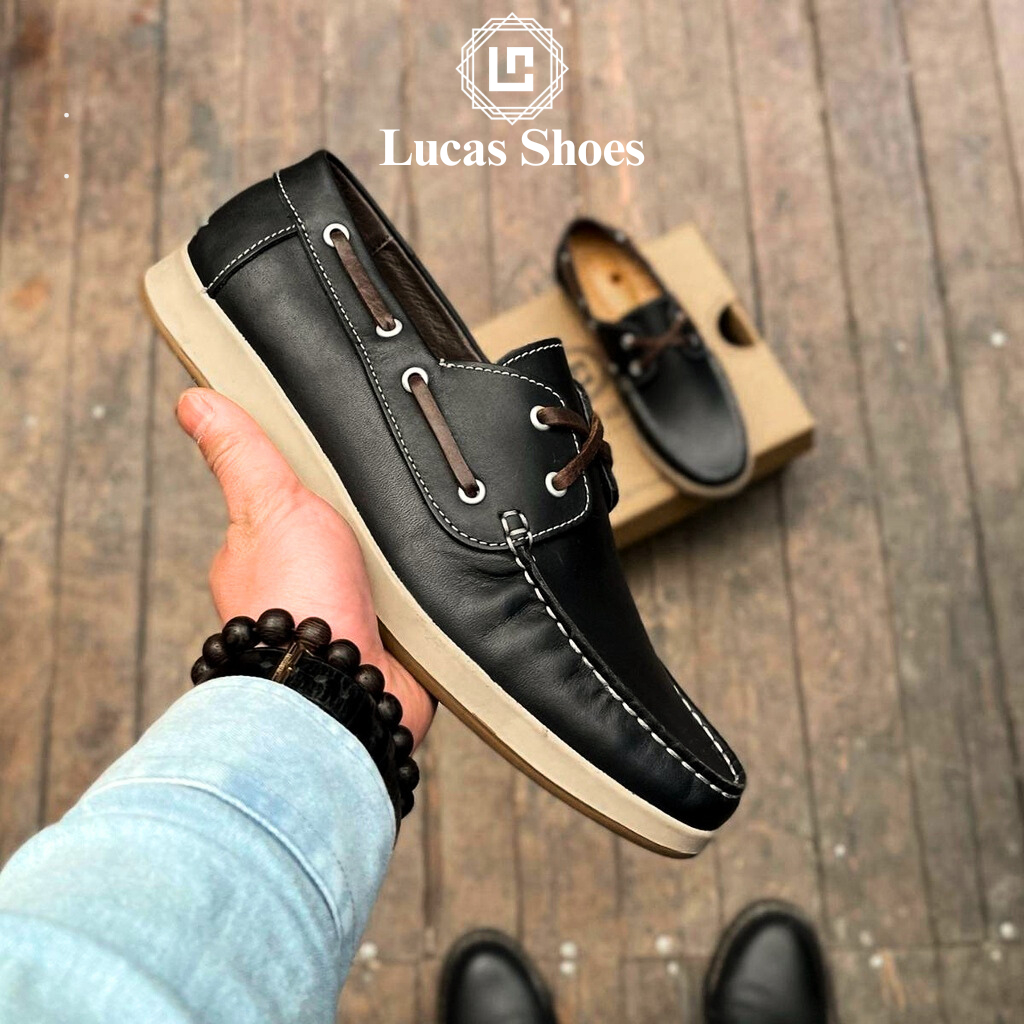 Giày da nam Boat Shoes Đen da bò đen cao cấp Hanmade, Lucas Shoes, Bảo ...