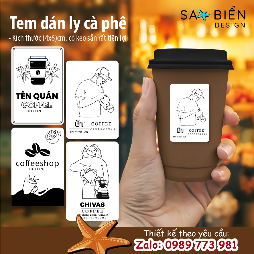 Combo 50/100/200 tem nhãn dán LY CÀ PHÊ, sticker dán ly, chai. Kích ...