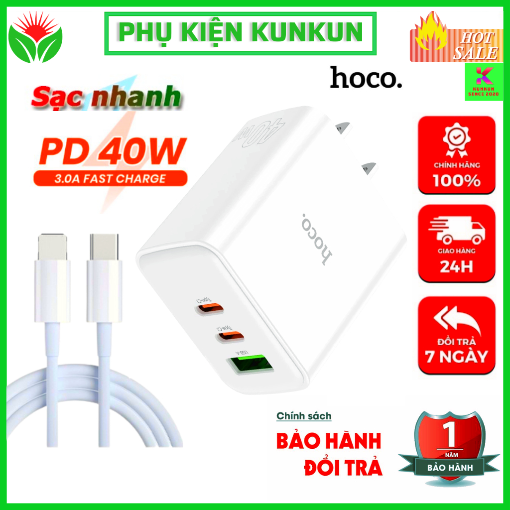 Cốc Sạc Nhanh PD 40W USB-C - Hàng chính Hãng Hoco C126 gồm 2 đầu type c PD20W và USB 3.0 (Bảo ...