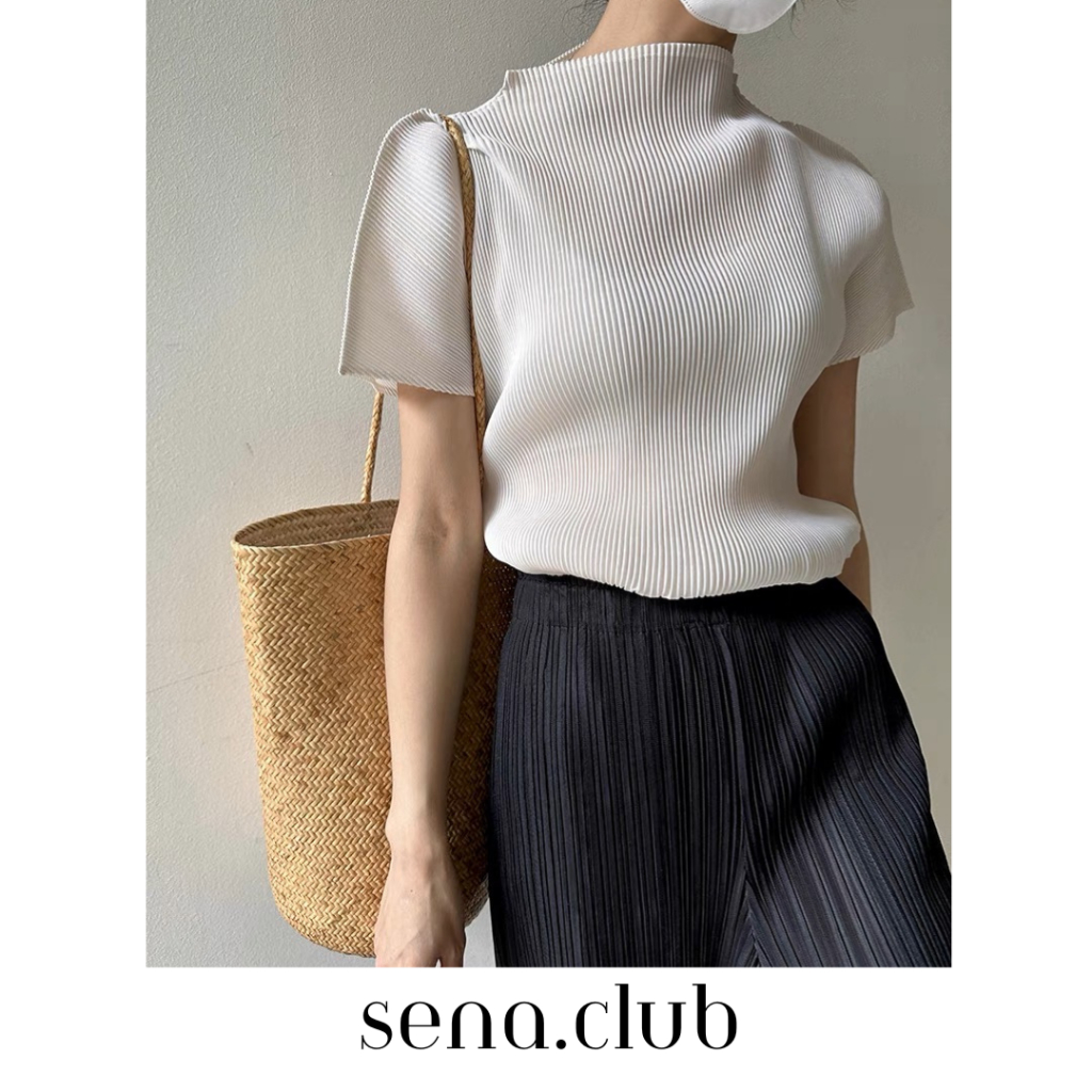 sena.club- Áo xốp gân ngắn tay nữ cổ cao công sở- Áo kiểu nữ cổ cao ...