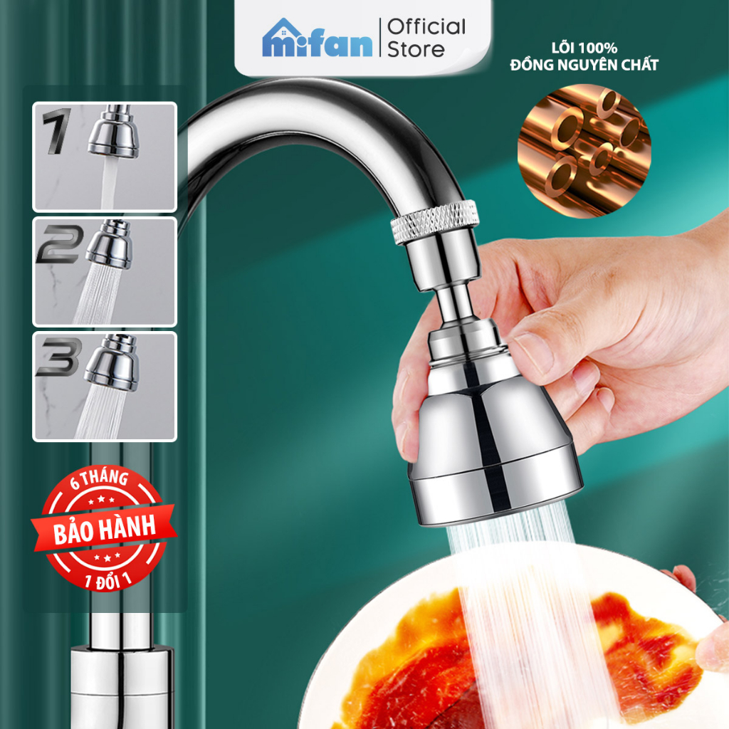 Đầu nối vòi rửa bát tăng áp đồng thau inox 304 cao cấp Mifan - Xoay 360 độ, 3 chế độ nước cực ...