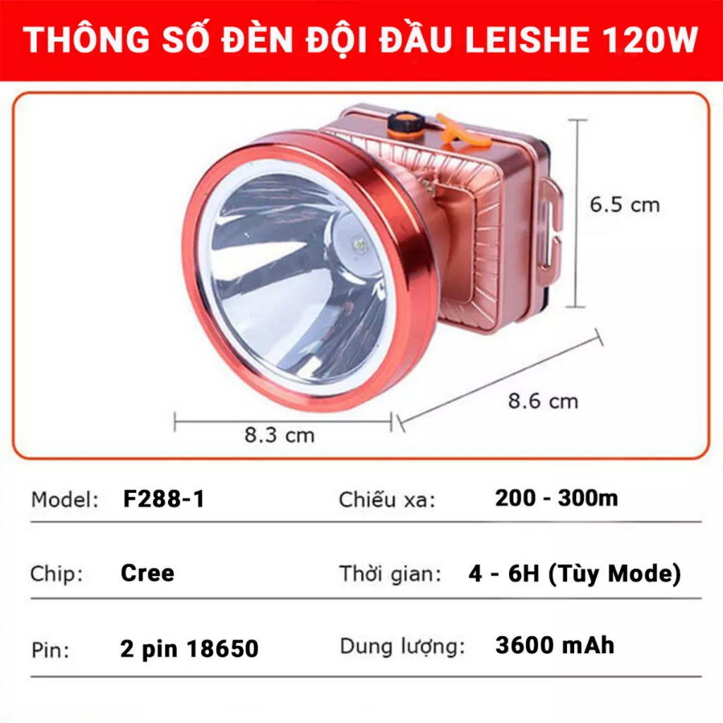 Đèn pin đội đầu siêu sáng 120W Leishe F288 chiếu xa 300m, đèn pin siêu ...