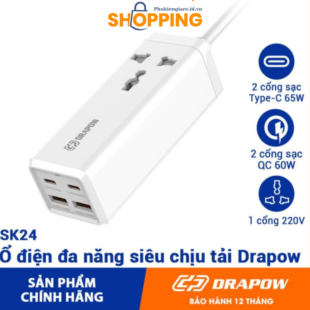 Ổ cắm điện Drapow SK24 Chịu Tải Cao Cấp 4 Cổng Sạc Nhanh 65W Bảo Hành ...