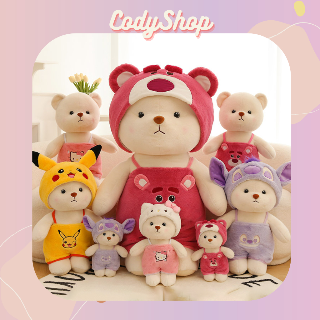 Gấu bông Lena đội mũ đeo yếm Cosplay Thỏ hồng, Vịt vàng, Heo con, Khủng ...