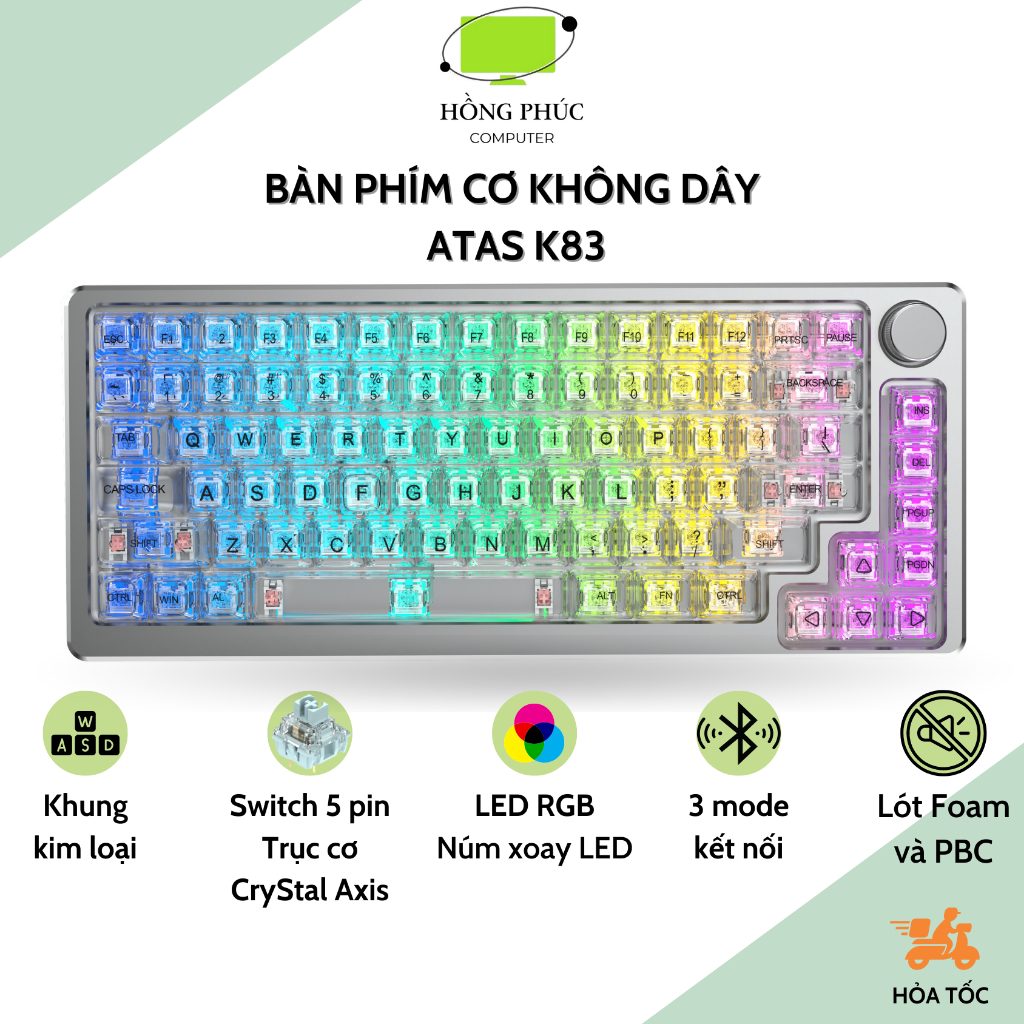 Bàn phím cơ không dây ATAS K83 - Trục cơ CRYSTAL AXIS - Phím trong suốt - Khung nhôm - LED RGB ...