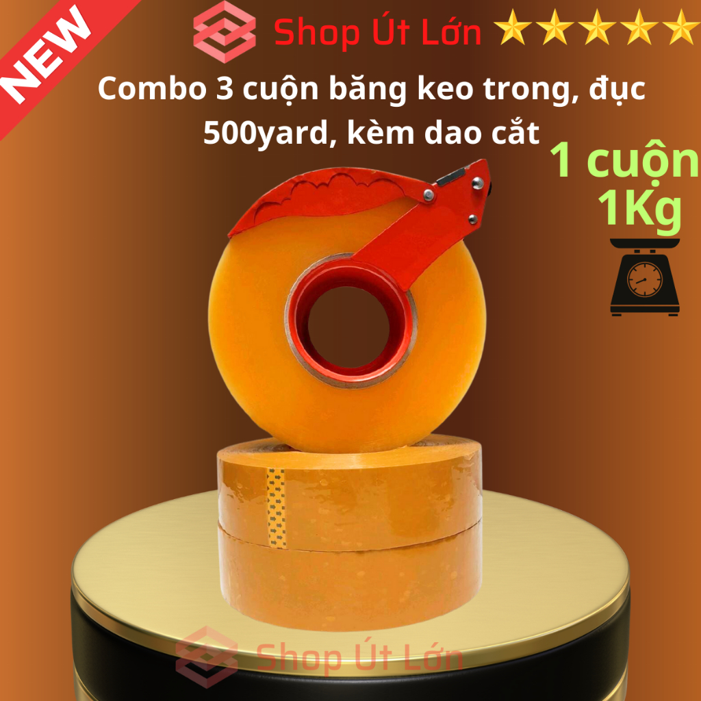 Combo 3 cuộn băng keo trong, đục 500yard kèm dao cắt, 1 cuộn nặng 1kg, rộng 4,7cm, lõi giấy 5mm ...
