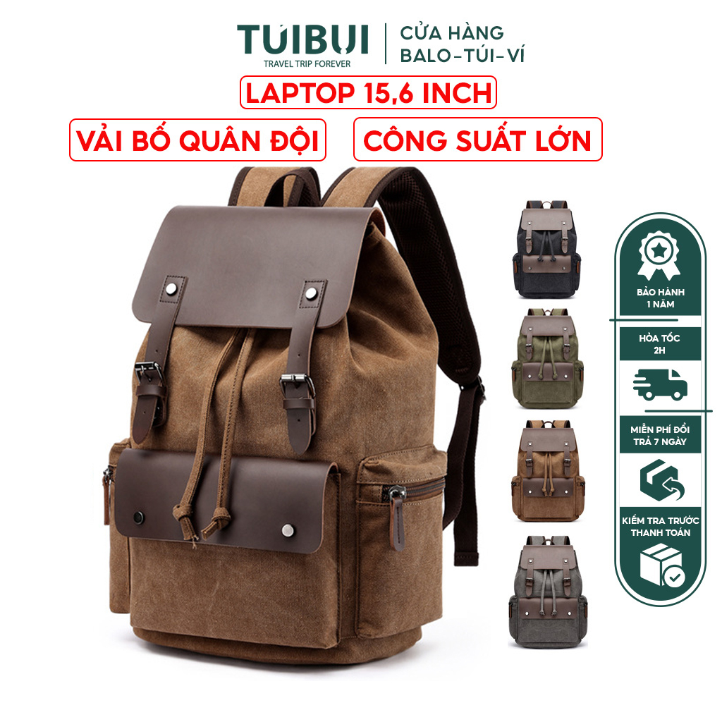 Balo vải canvas vintage du lịch, cắm trại, phượt, đi học, ngăn để máy tính latop 15,6 inch ...