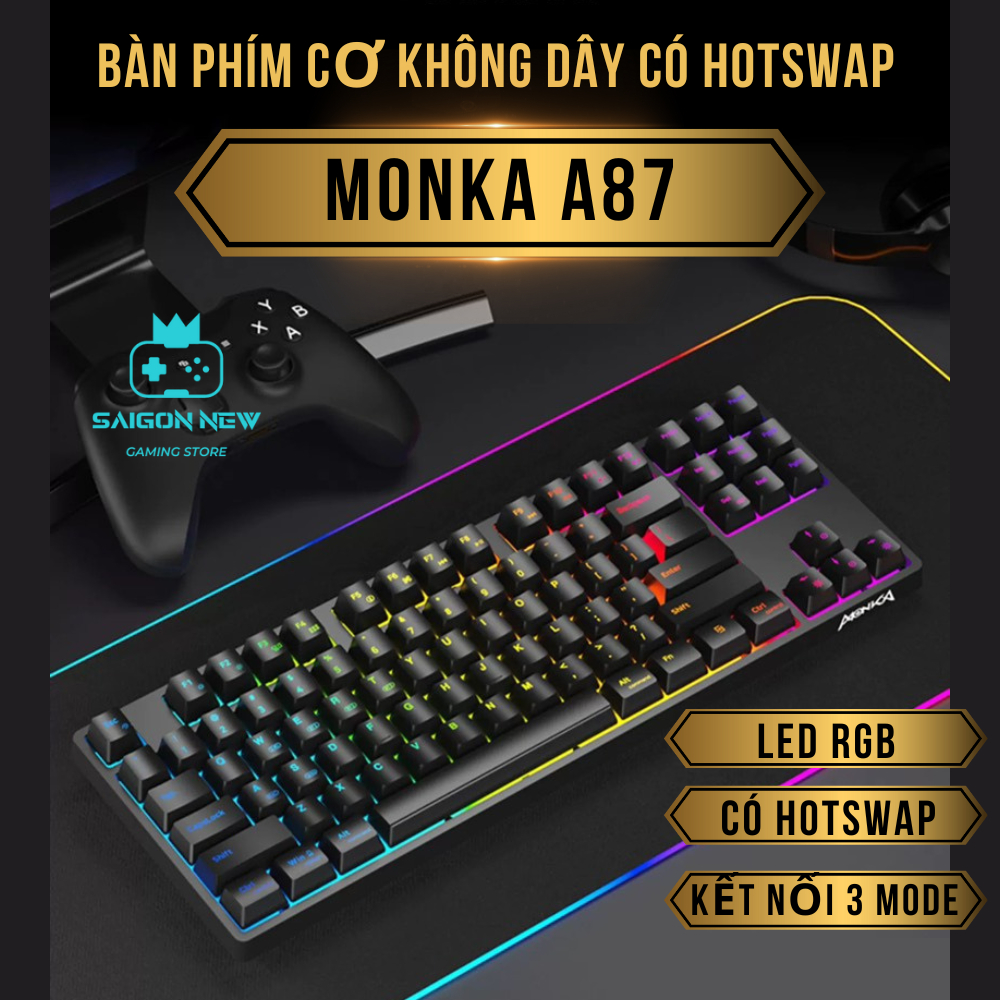 Bàn phím cơ không dây có Hotswap MONKA A87 - Đèn nền LED RGB nhiều chế độ - Silver Switch đã ...