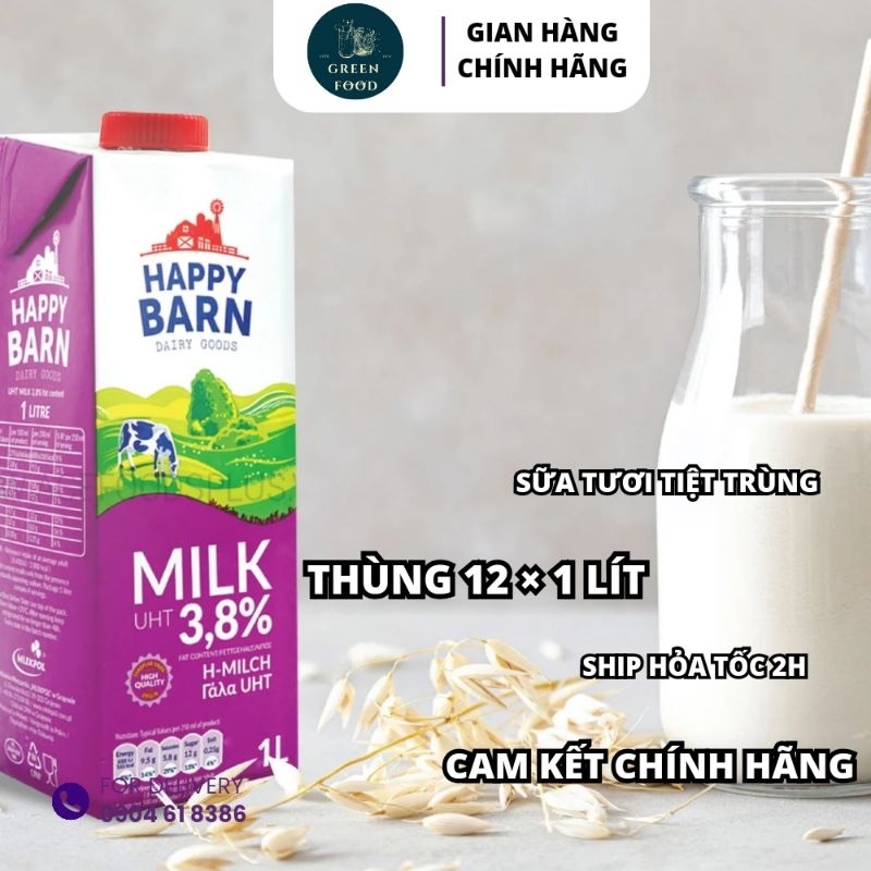 Hộp 1 lít sữa tươi Happy Barn fullcream tiệt trùng độ béo 3.8% không ...