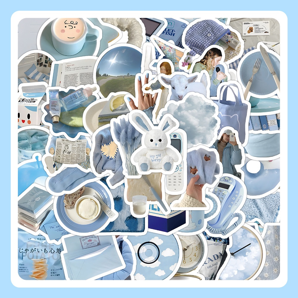 Set 50 chiếc sticker chống nước ĐỒ VẬT MÀU XANH TRỜI PASTEL LIFESTYLE ...