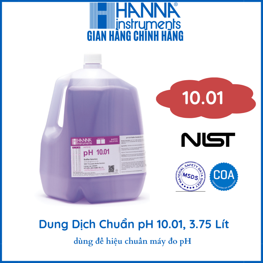 DUNG DỊCH CHUẨN NIST pH10.01 ĐỂ KIỂM TRA/HIỆU CHUẨN BẤT KỲ MÁY ĐO pH NÀO,3.75L,HANNA HI7010/1G ...