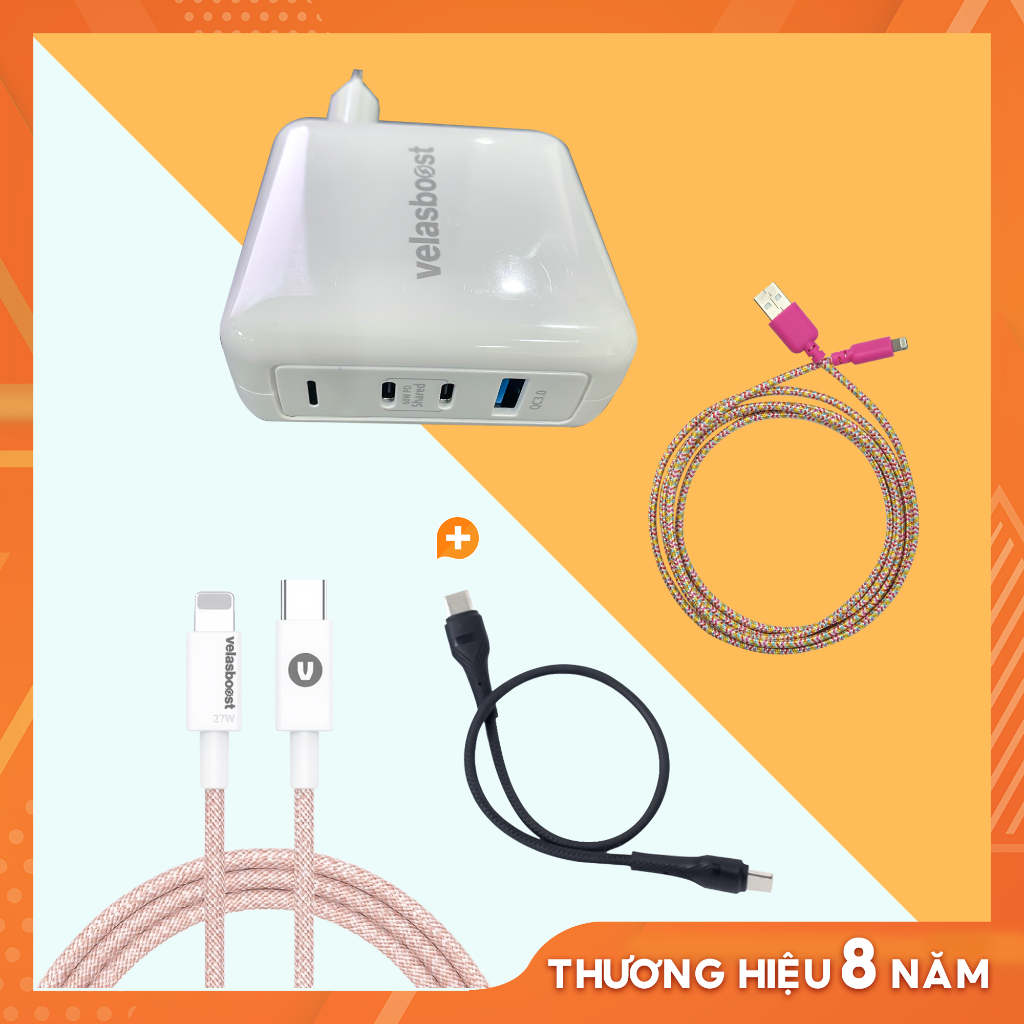 Combo Củ Sạc 78W Velasboost 2 cổng C 1 cổng USB + Cáp C48 chuẩn MFi ...