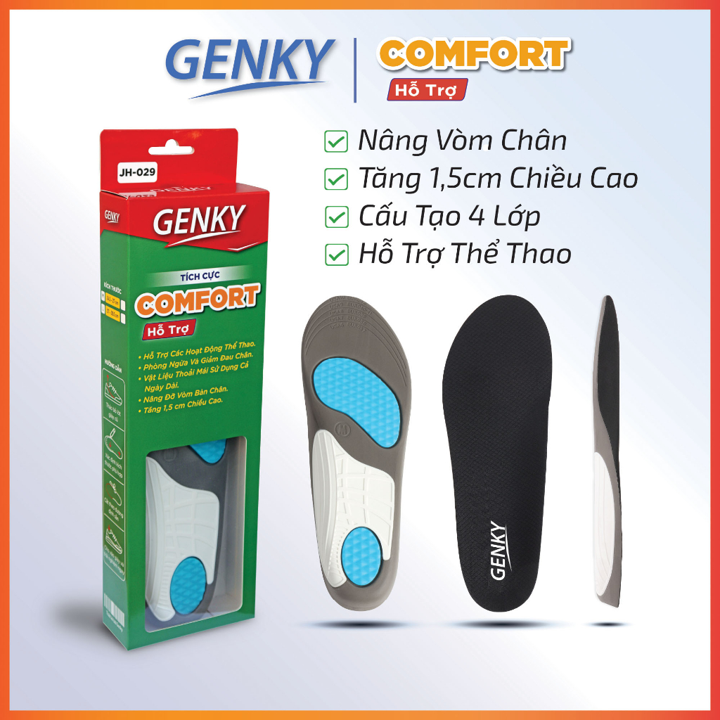 Lót giày thể thao nam nữ Genky Comfort 4 lớp, tăng 1,5cm chiều cao, chống sốc, thấm mồ hôi, khử ...
