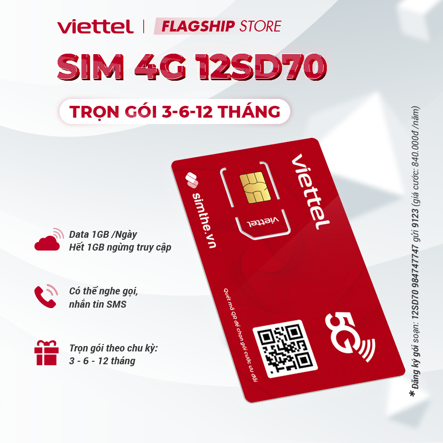 [FREE 12 Tháng] Sim 4G Viettel 12SD70 Data 1GB/Ngày (30GB/Tháng) Băng Thông Tốc Độ Cao. Trọn Gói ...