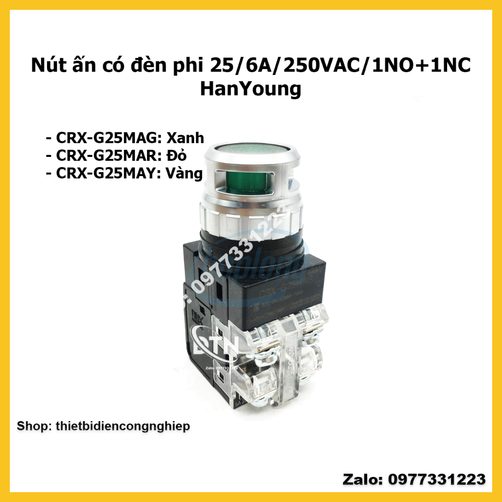HanYoung Nút ấn có đèn phi 25/6A/250VAC/1NO+1NC CRX-G25MAG/R/Y Hanyoung Nux | Shopee Việt Nam