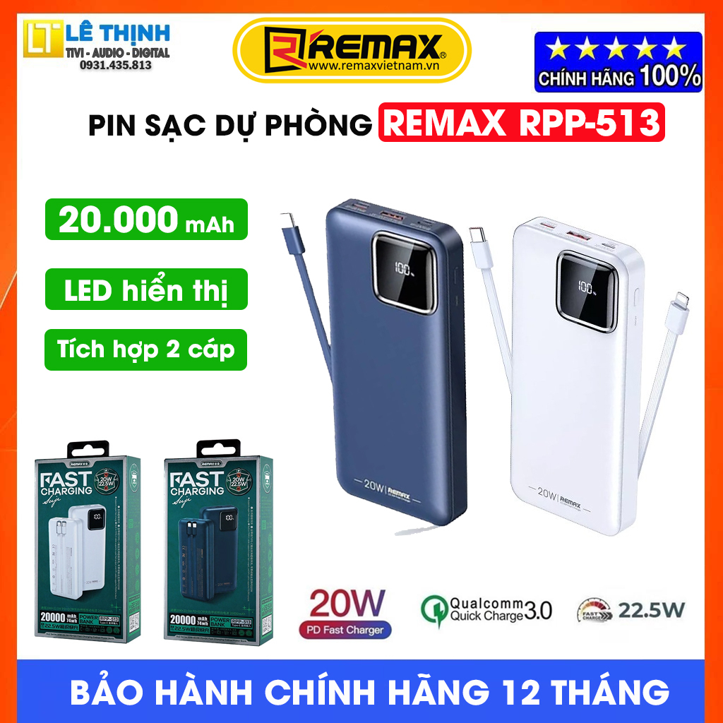 Pin sạc dự phòng sạc nhanh Remax RPP-513 Suji Series 20000mAh tích hợp 2 cáp sạc - hỗ trợ QC 22 ...