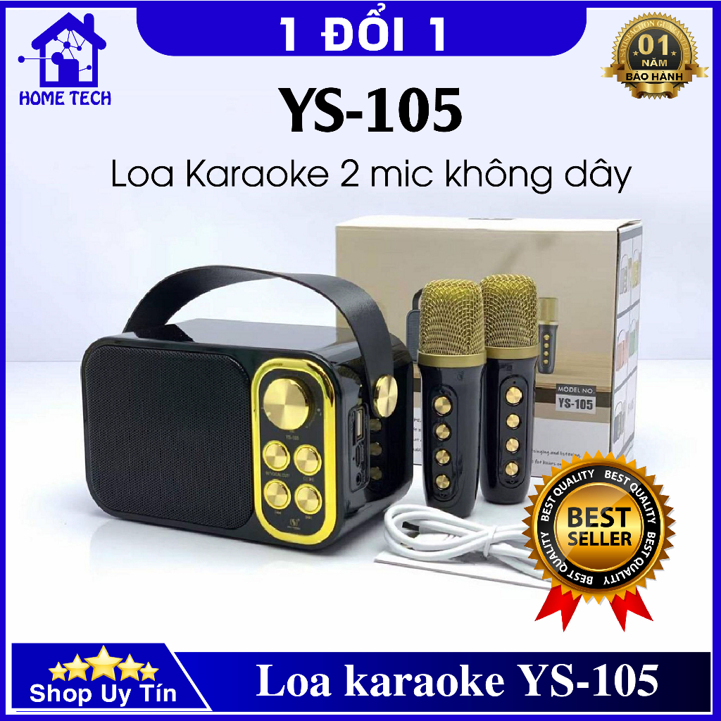 Loa Bluetooth Karaoke Mini YS-105 Kèm 2 Micro Không Dây Hát Siêu Hay, Hỗ trợ Thẻ nhớ, USB, AUX ...