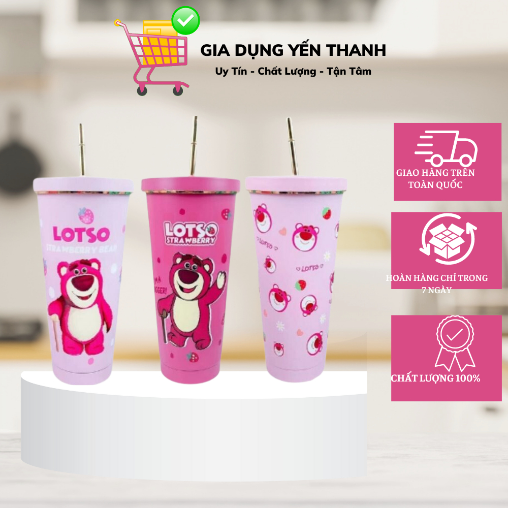 Cốc giữ nhiệt gấu dâu LOSTO cute 750ml, bình giữ nhiệt inox 304 tặng ...