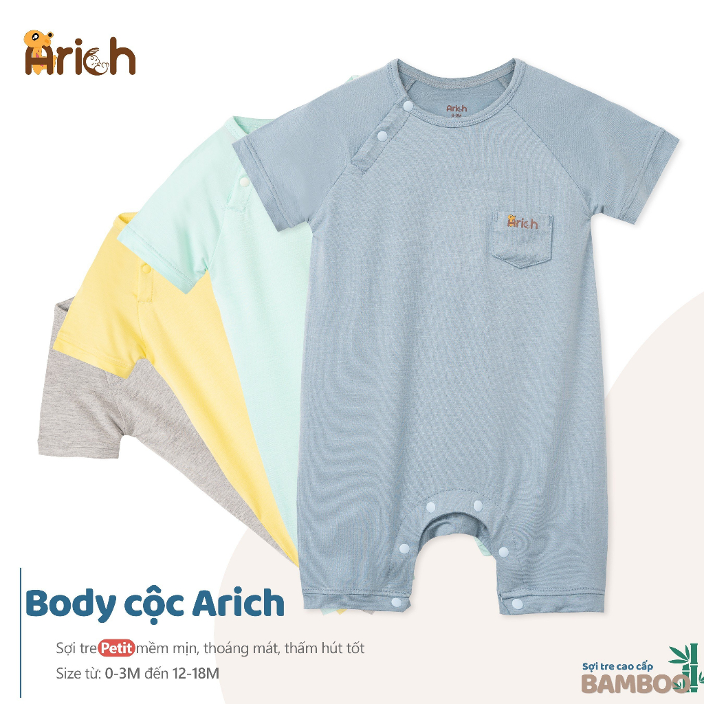 Bộ Body cộc trơn Arich vải sợi tre mềm mát, an toàn size từ newborn ...