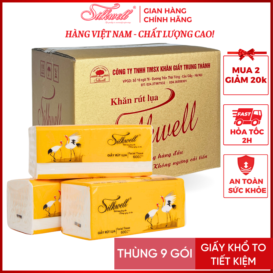 Thùng 9 giấy ăn rút Silkwell Sếu 200 tờ 3 lớp hàng cao cấp, lụa mềm mịn ...