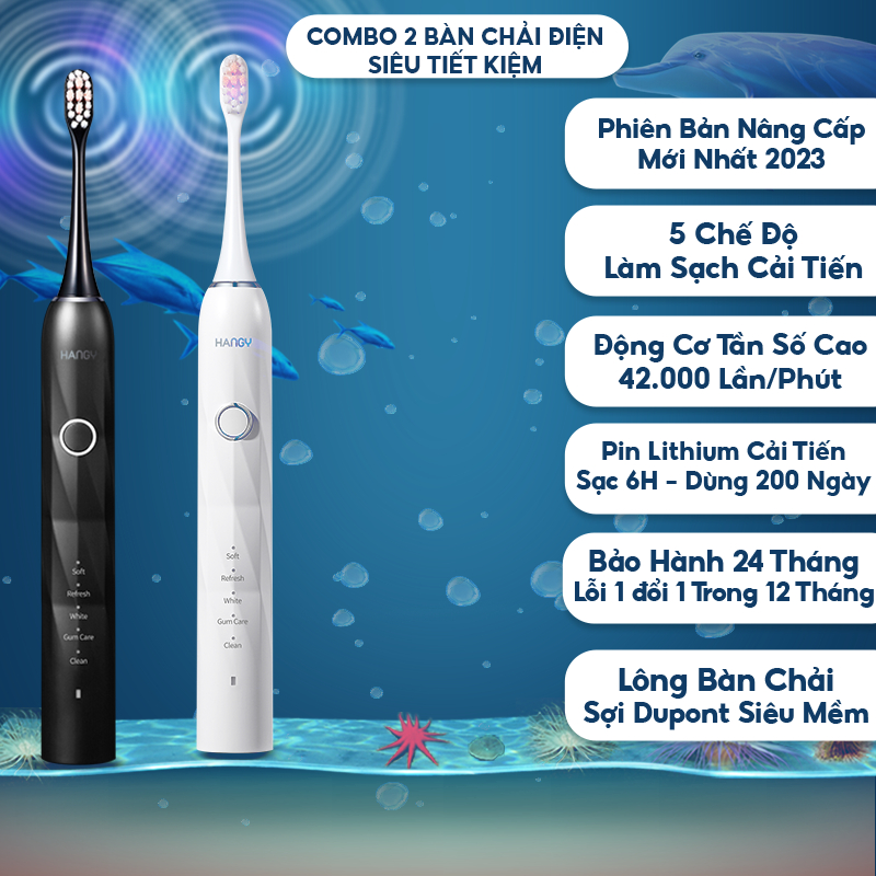 Combo 2 Bàn chải điện HANGY HY23 PRO siêu sóng âm thông minh chải sạch ...