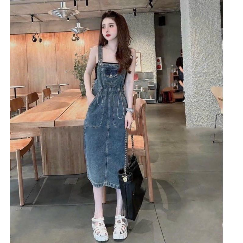 Váy yếm jean chun eo dáng dài phom to | Shopee Việt Nam