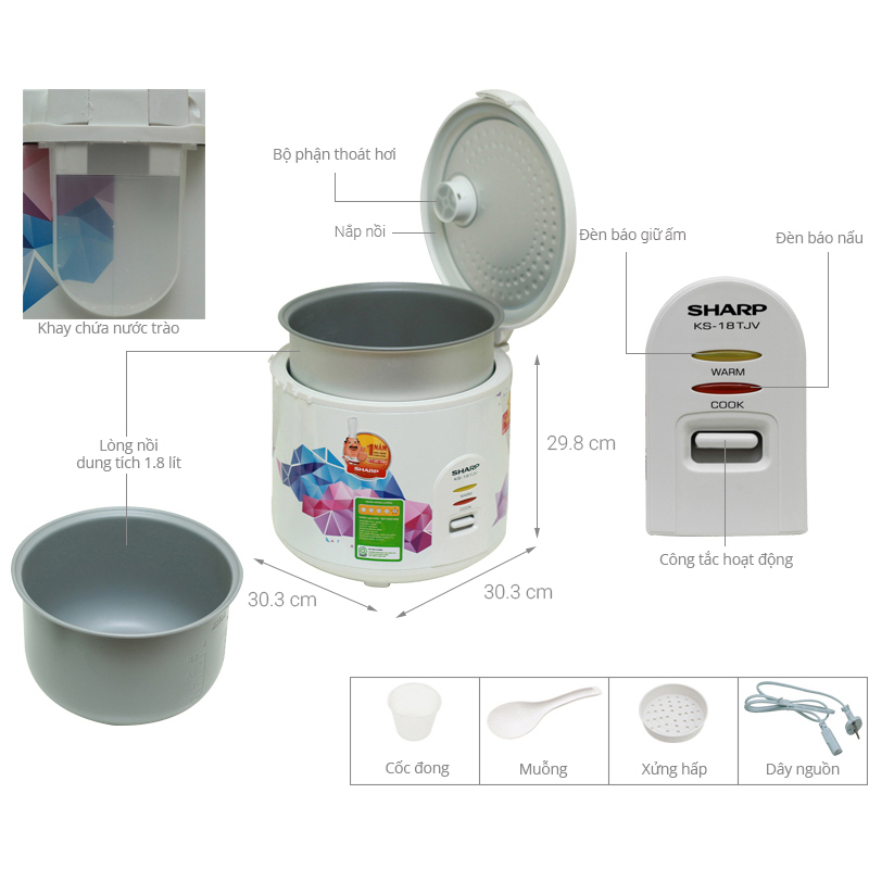 Nồi cơm điện Sharp 1.8 lít NẮP GÀI CHỐNG DÍNH KS-18TJV | Shopee Việt Nam