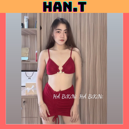 Đồ bơi,Bikini đi biển ba mảnh thun xốp gân phối khoen sang chảnh,màu đỏ đô mới nhất. HAN.T Shop ...