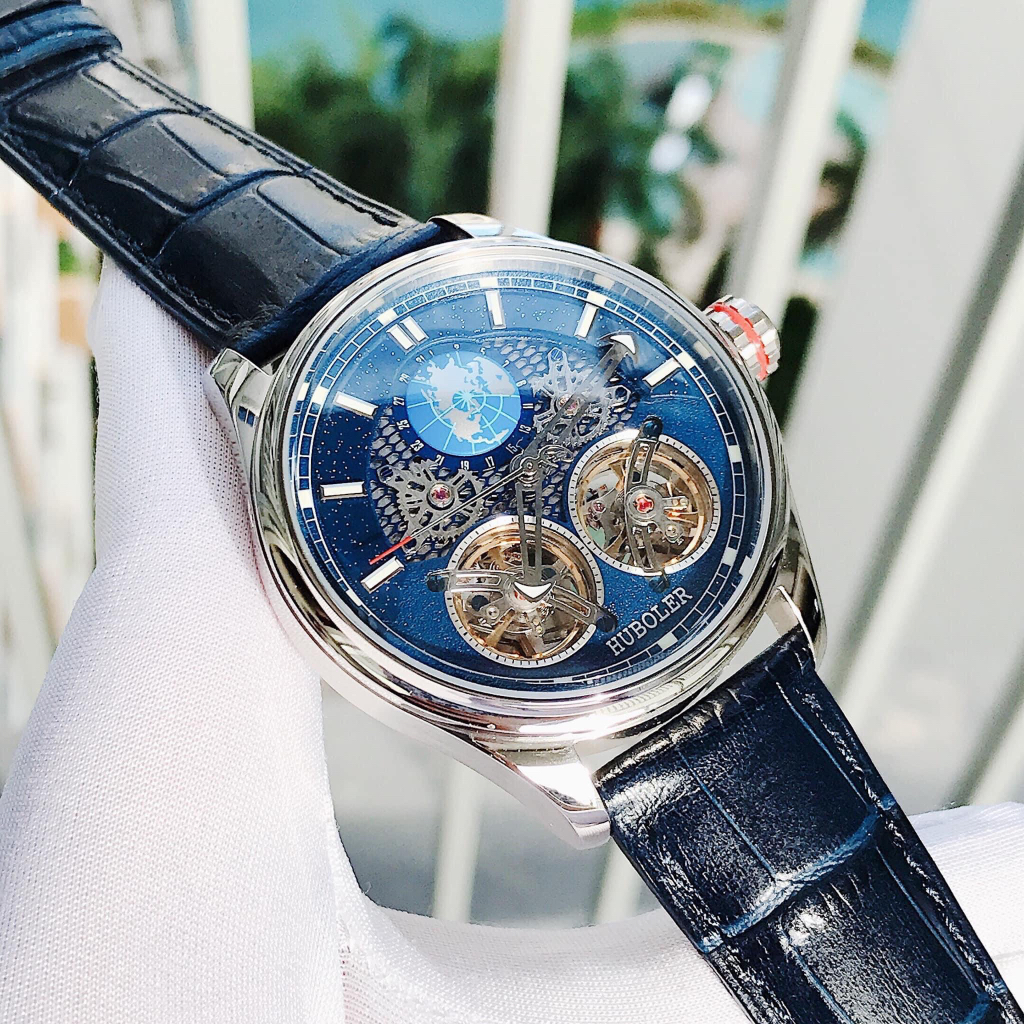 Đồng hồ nam Huboler chính hãng Automatic cơ lộ 2 máy 44mm, dây da, Full ...
