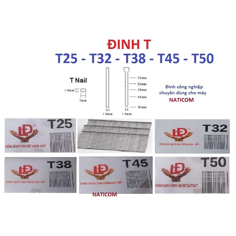 Đinh T bấm gỗ T25 - T32 - T38- T45 - T50, hộp 2500 cây ghim bắn gỗ, Đinh t bắn thùng gỗ, pallet ...