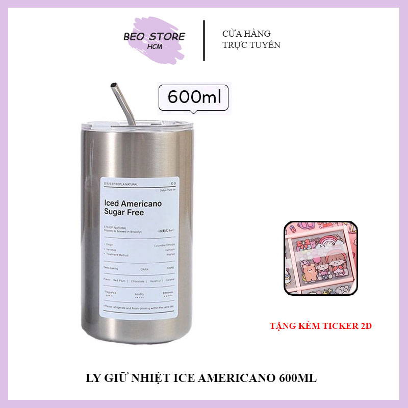 Ly giữ nhiệt iced americano 600ml inox 304 cao cấp không gỉ, cốc uống nước giữ nhiệt có ống hút ...