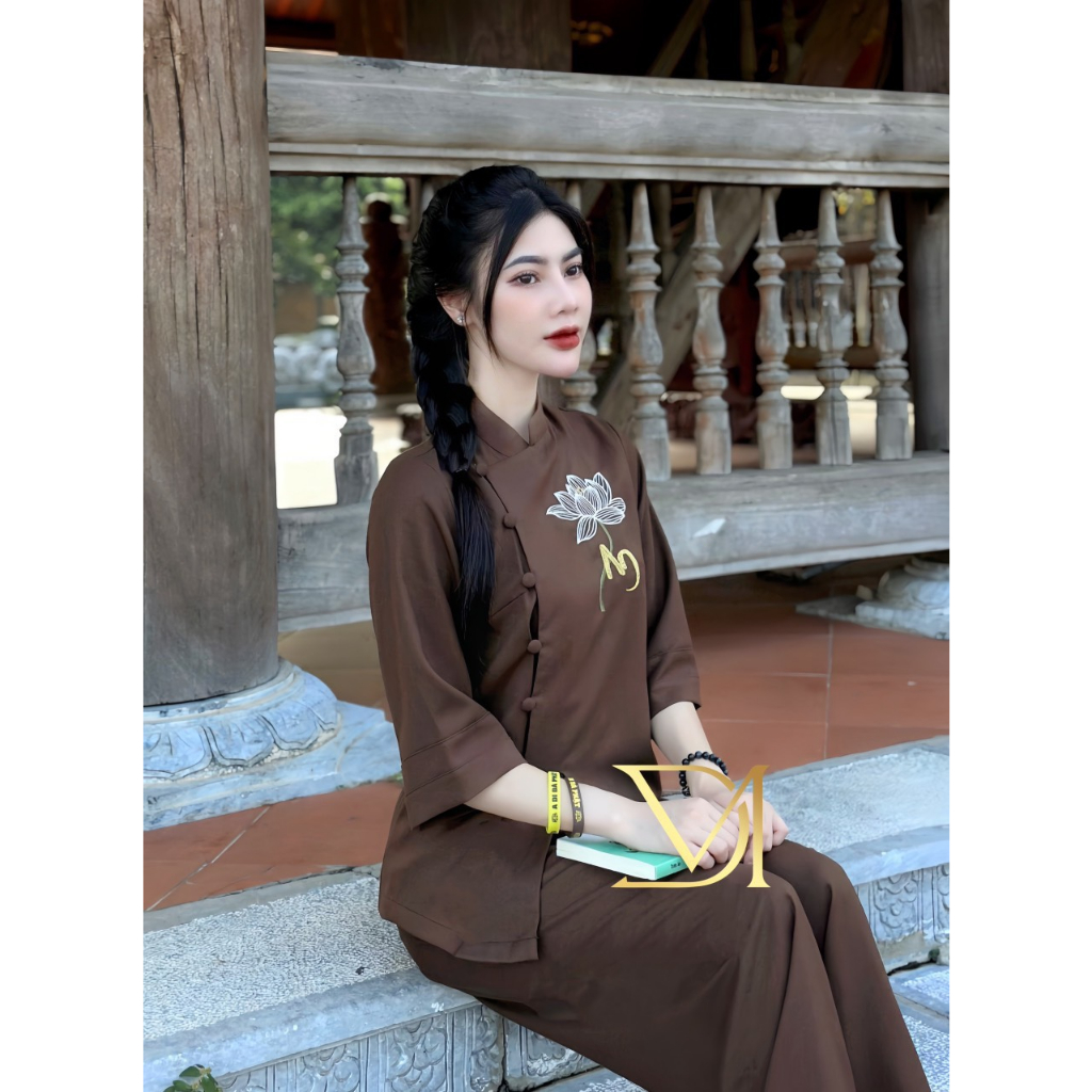 Đồ Lam Đi Chùa Bộ Đi Lễ Nữ Mẫu Cổ Taù Cúc Lệch Thêu Sen An Cao Cấp S026 ...