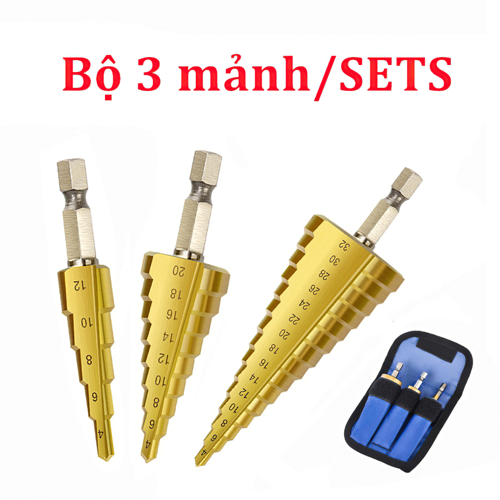 Bộ 3 mũi khoan tháp, bước Hss 4241 phủ titanium 4-32mm khoan sắt, nhôm...trục 6.35mm - Có túi ...