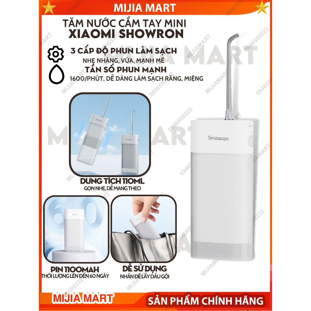 Tăm nước cầm tay mini Xiaomi Showron, 3 cấp độ phun, dung tích 110ml ...