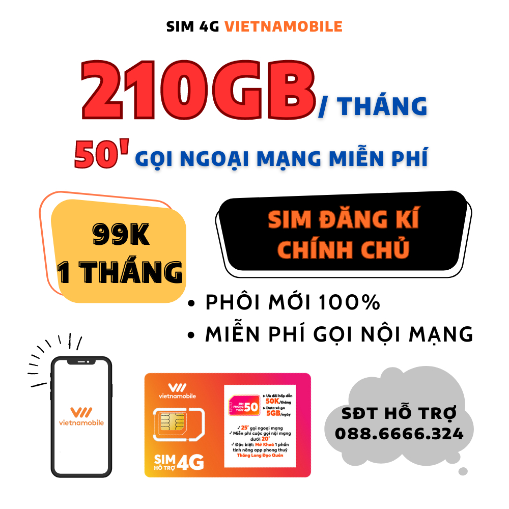 Sim 4G Vietnamobile siêu ưu đãi Data 5GB/ngày tốc độ cao, Số đẹp đầu 09, Tặng 20p ngoại mạng ...