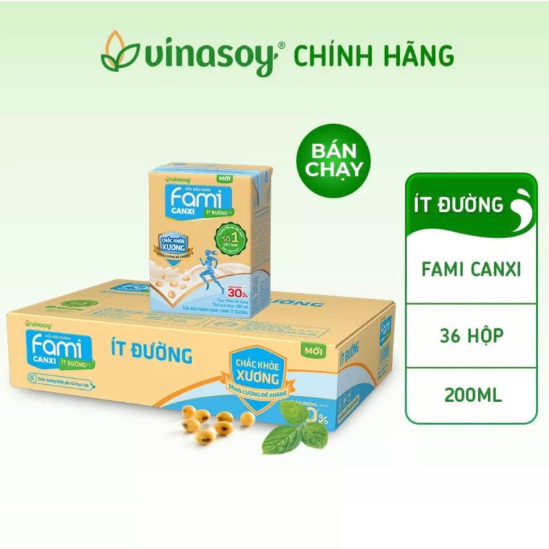 Thùng sữa đậu nành Fami Nguyên chất - Can Xi ít đường (36 hộp x 200ml ...