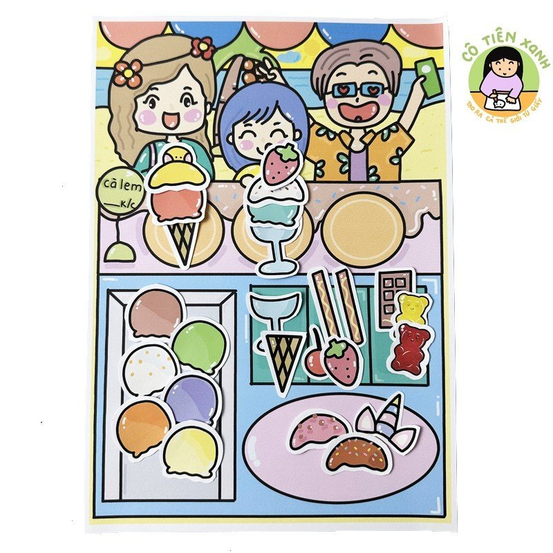 Bộ Tranh Đồ Chơi Giấy Cô Tiên Xanh Xe Kem Bãi Biẻn | Shopee Việt Nam