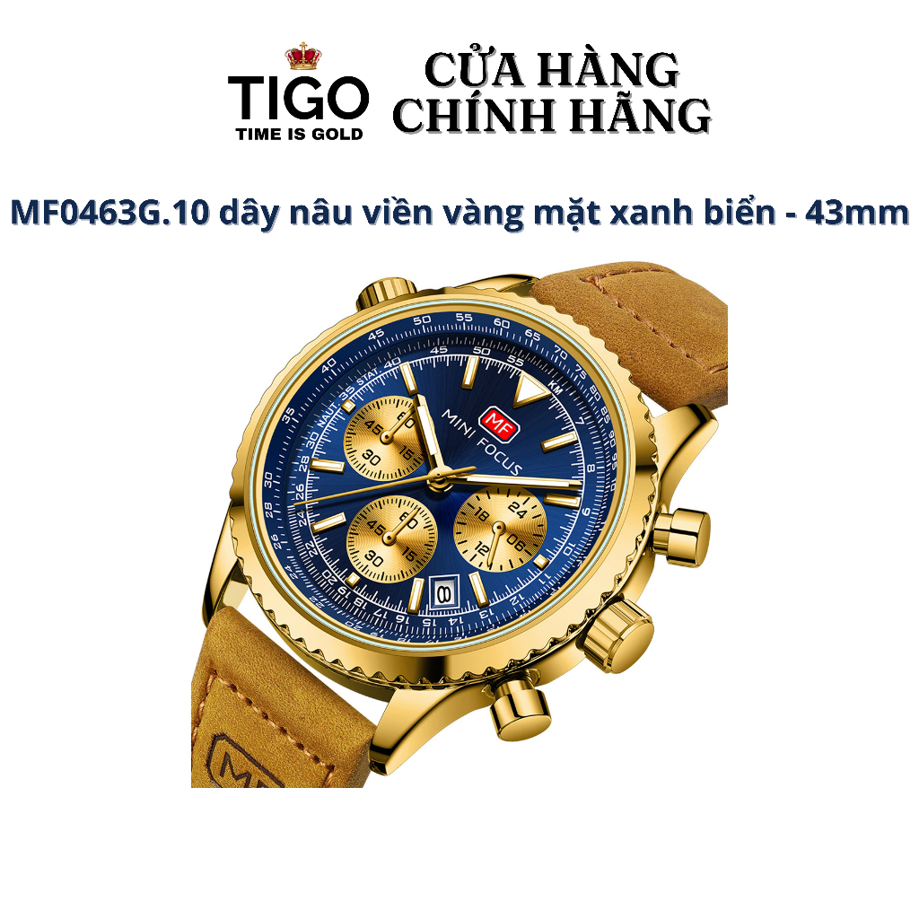Đồng Hồ Nam MINI FOCUS MF0463G.10 Dây Da Nâu Viền Vàng Mặt Xanh Thép Không Gỉ Mặt Tròn 43mm ...