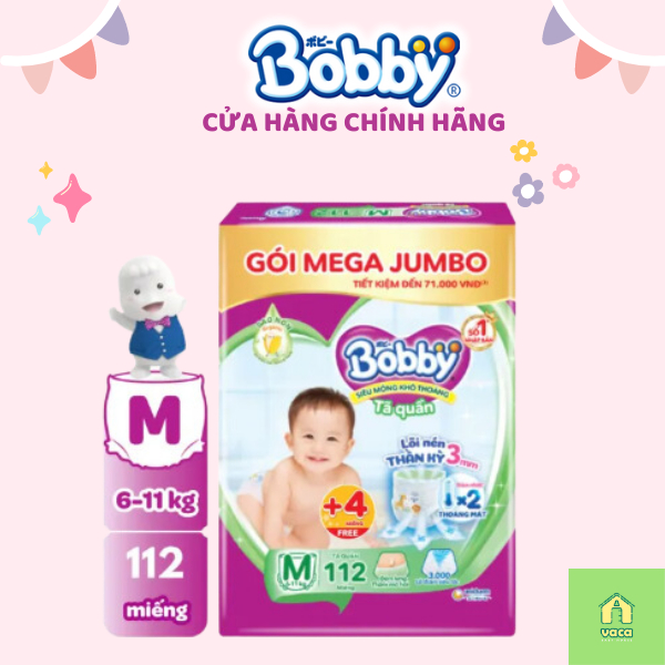 (Tặng 4 miếng) Tã bỉm quần Bobby Mega Jumbo gói M112+4/L96+4/XL84+4 ...