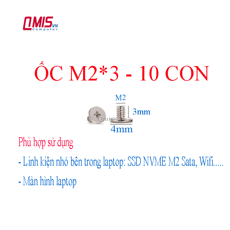 M2*3 (Mũ 4mm) Ốc vít laptop kim loại mạ Niken màu trắng dùng cho màn ...
