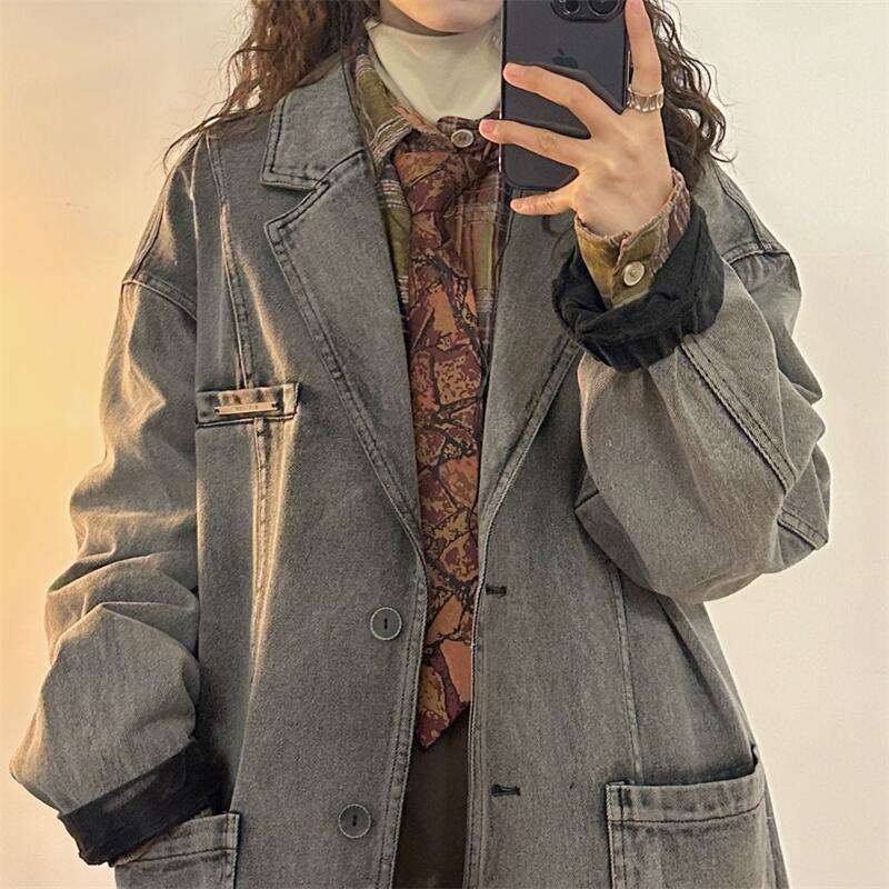 Có sẵn - Áo khoác denim jean phom rộng pha màu cổ điển hongkong áo ...
