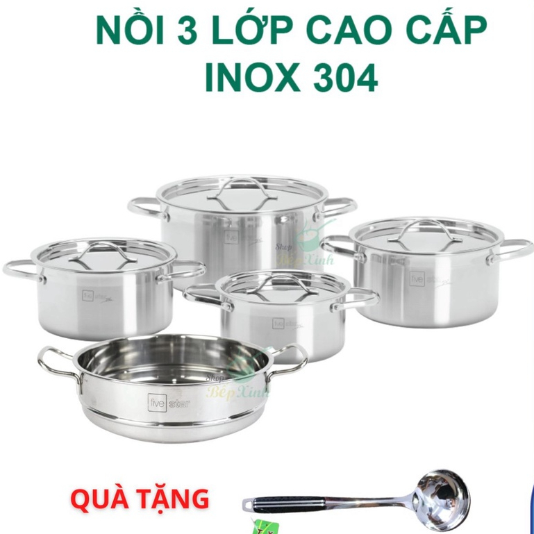 Bộ nồi bếp từ 3 lớp đáy liền khối inox 304 cao cấp Fivestar Plus 5 món nắp inox , dùng được mọi ...