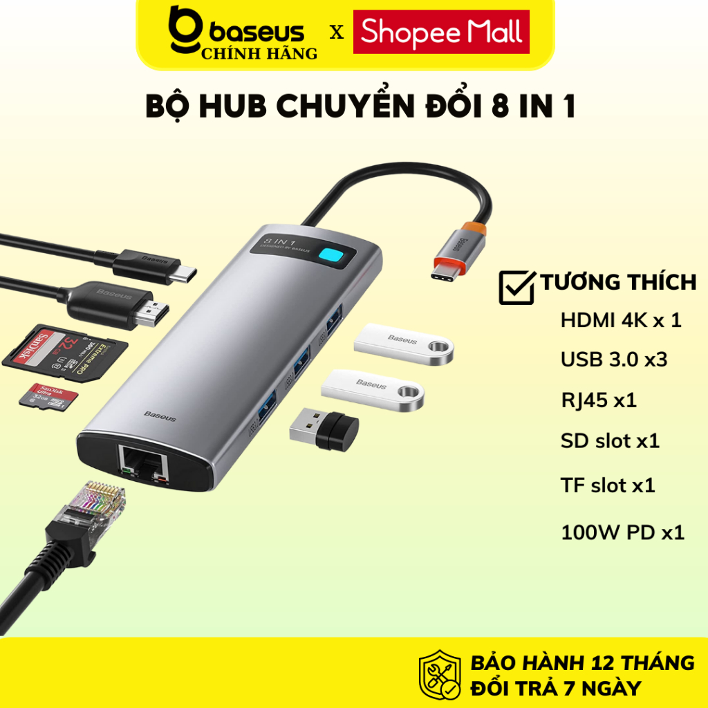 Hub chia cổng Baseus 8 in 1 cổng Type C sang HDMI USB 3.0 RJ45 PD100w dành choPro Air Surface ...