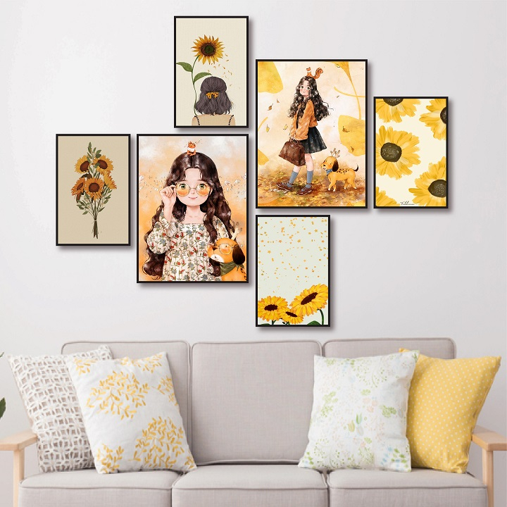 Set 6 tranh dán tường Lala có keo sẵn siêu nhẹ decor phòng khách, phòng ...