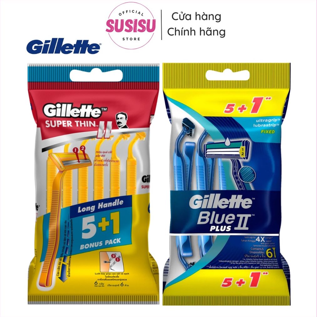Dao cạo râu 2 lưỡi GILLETTE Blue II Plus/Super Thin Long Handle (6 Cây - Vàng/Xanh) | Shopee ...